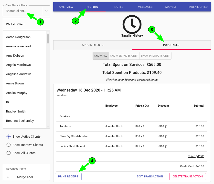 Receipt Overview Client Diary