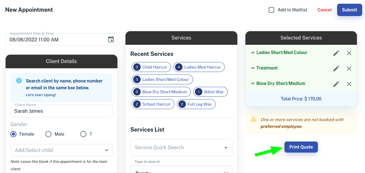 Quoting a customer – Client Diary