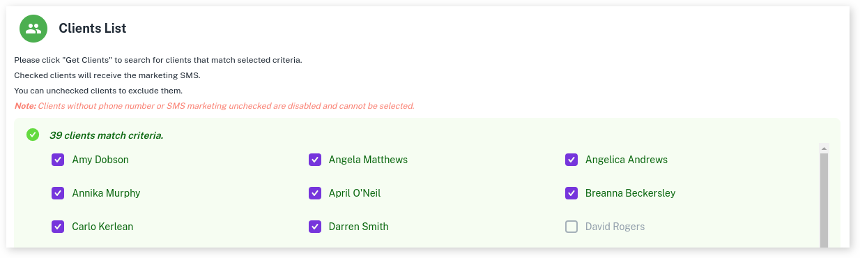 SMS All Clients Who Have Seen a Specific Staff – Client Diary