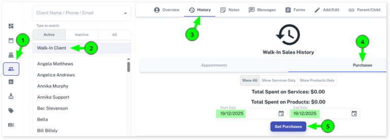 Viewing the “Walk-In” Client’s Transaction History – Client Diary